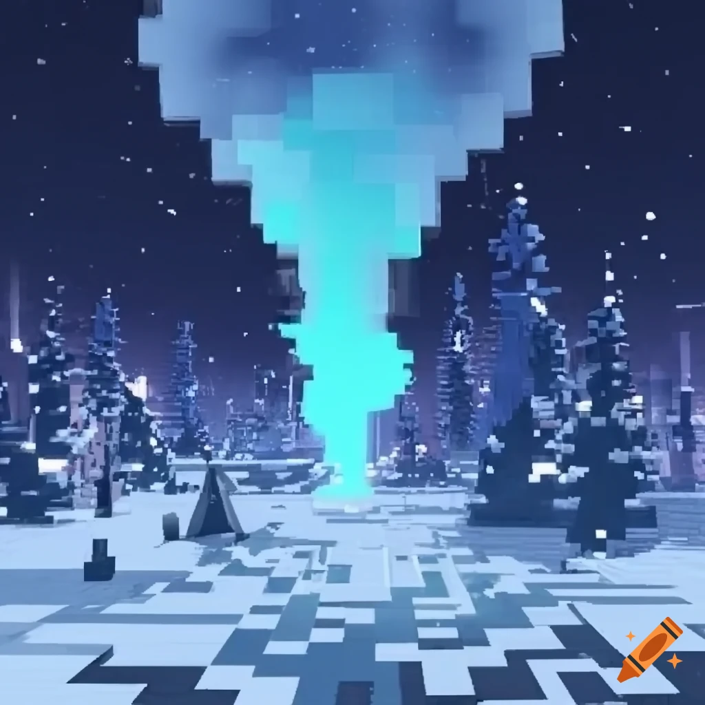 Cell shaded minecraft with a snowy winter landscape on Craiyon