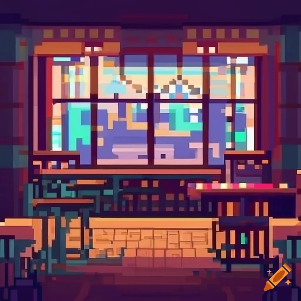 Pixel art representation of a cafe interior on Craiyon