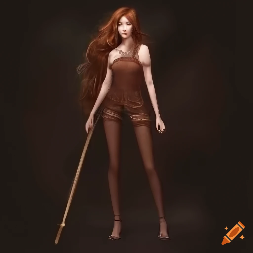 Attractive female elf with long dark copper hair and amber eyes on Craiyon