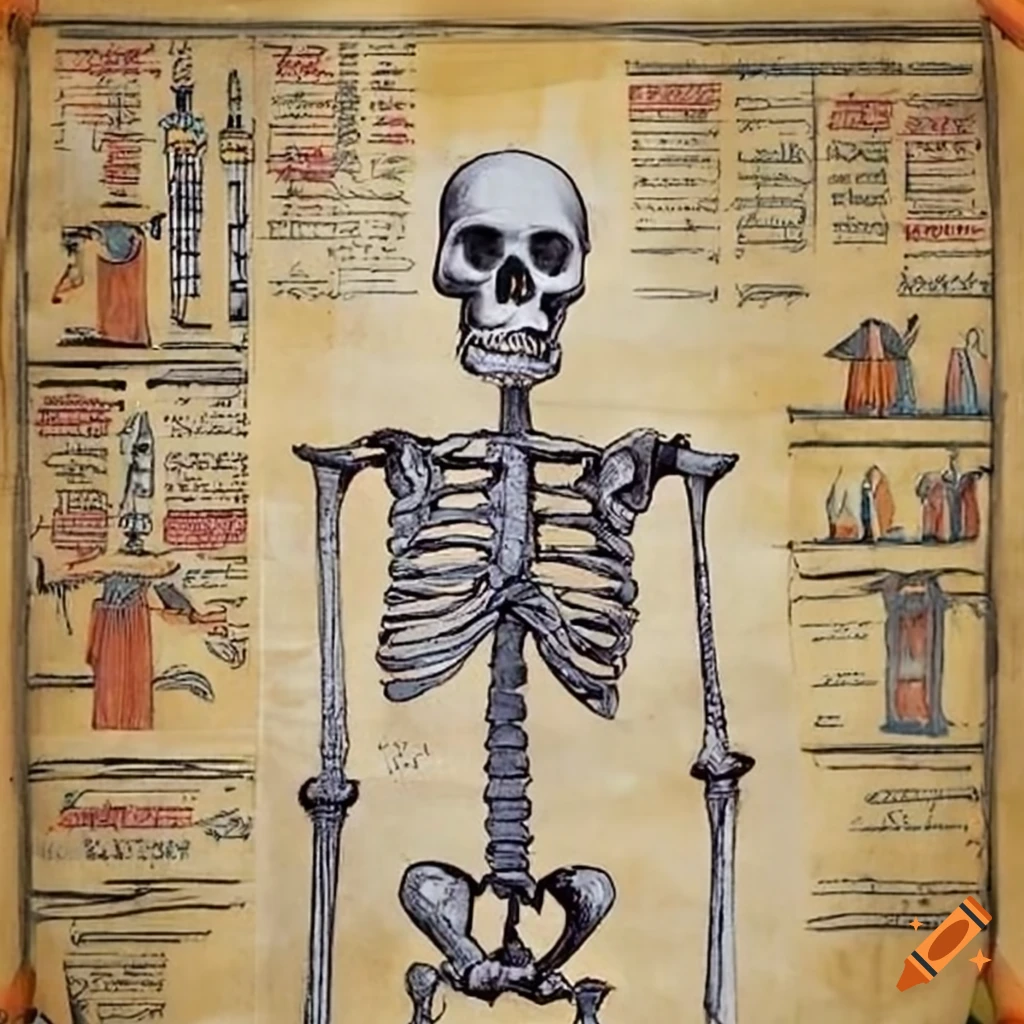 Ancient skeleton on aged papyrus on Craiyon