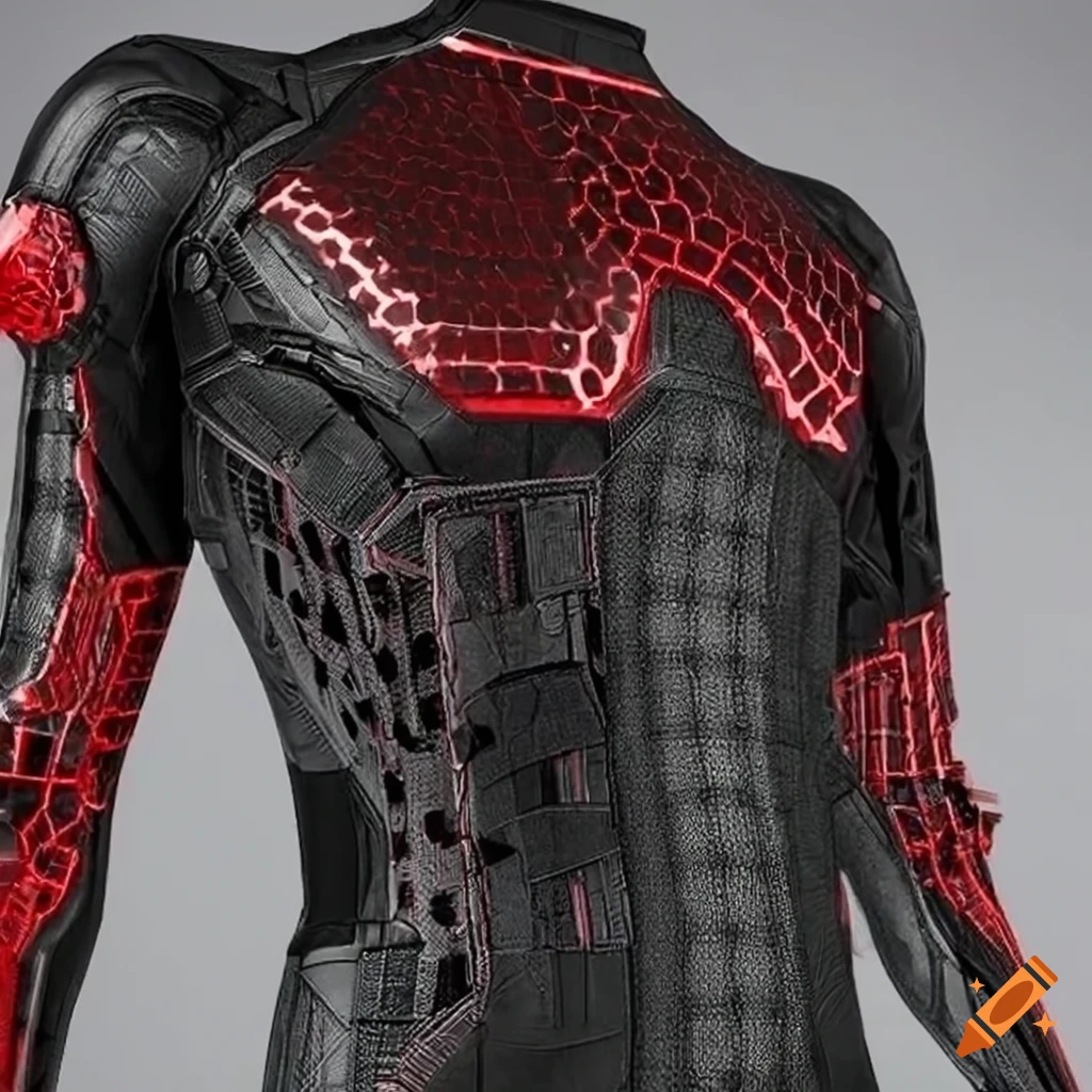 Detailed blueprints of a high-tech hero suit on Craiyon