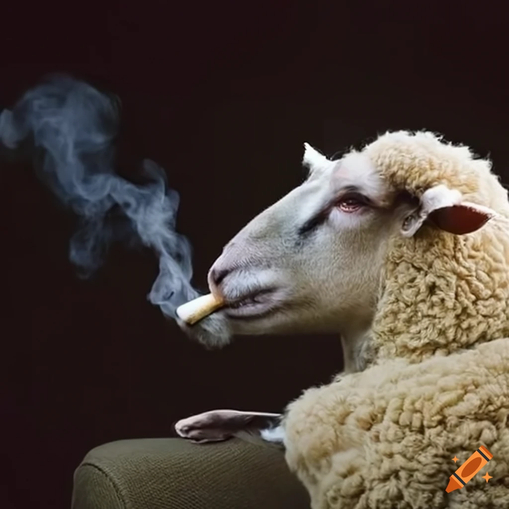 Satirical image of a sheep smoking a cigarette on a sofa on Craiyon
