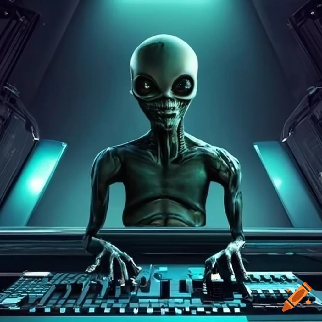 Futuristic alien producing music in a studio