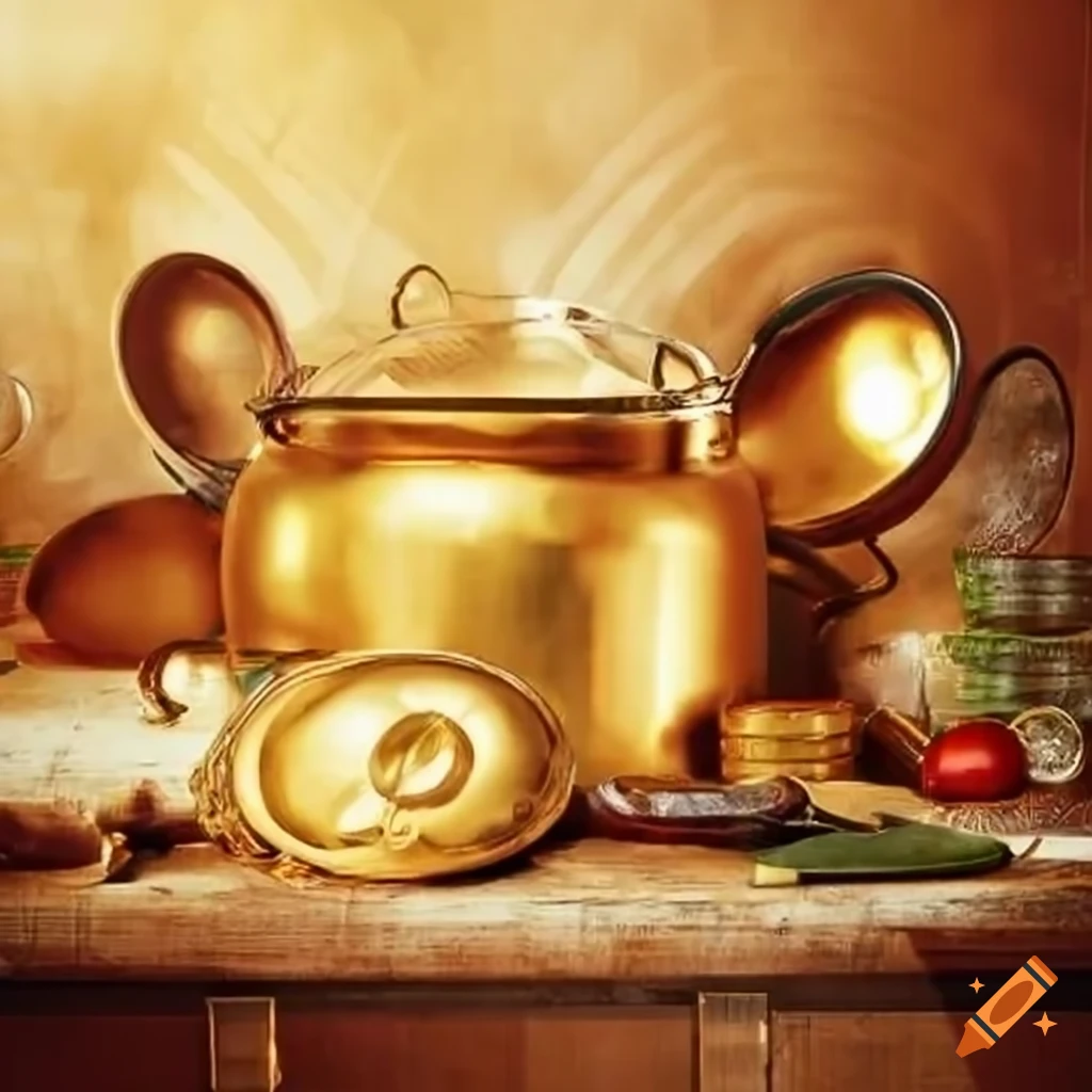 Opulent kitchen filled with gold utensils and fresh vegetables on Craiyon