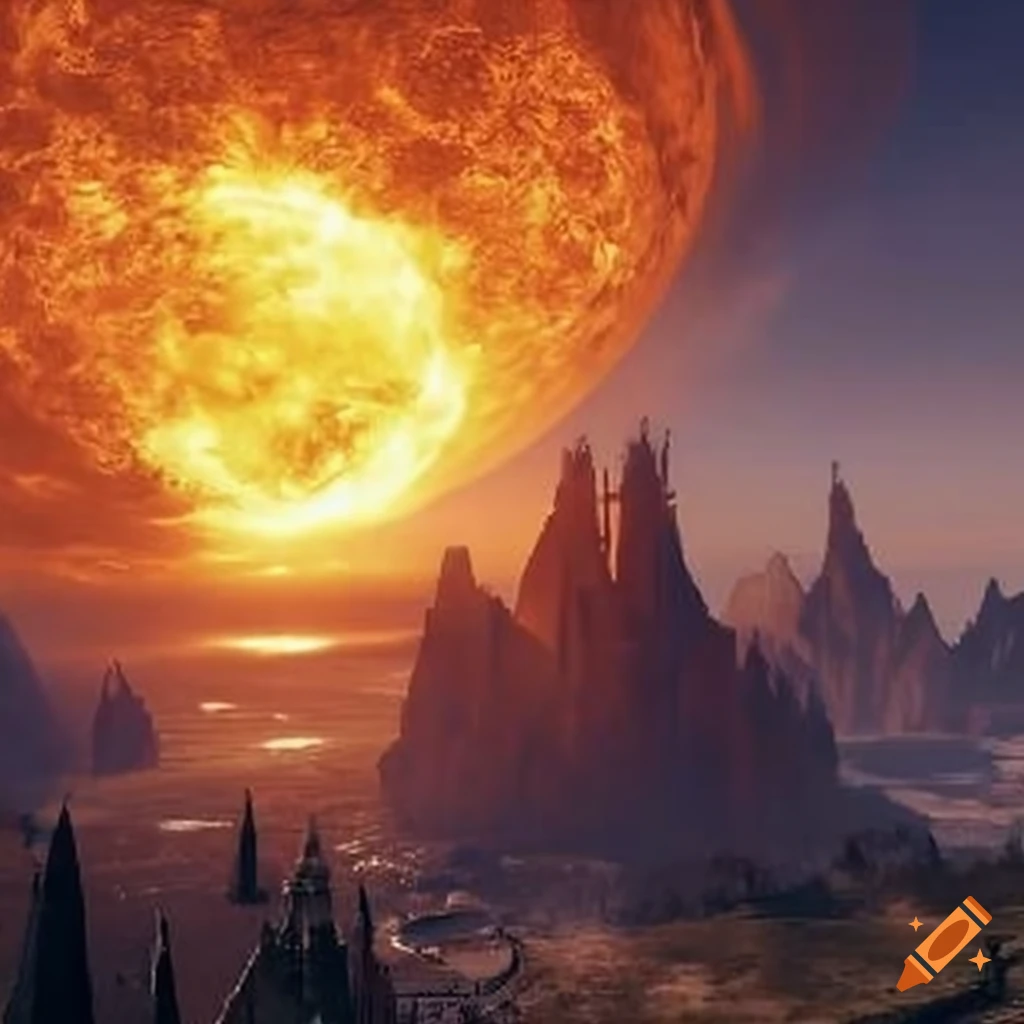 Sun rising from an explosion in a fantasy world