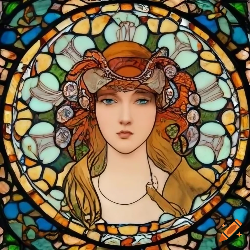 Symmetrical stained glass window with a woman and flowing hair on Craiyon