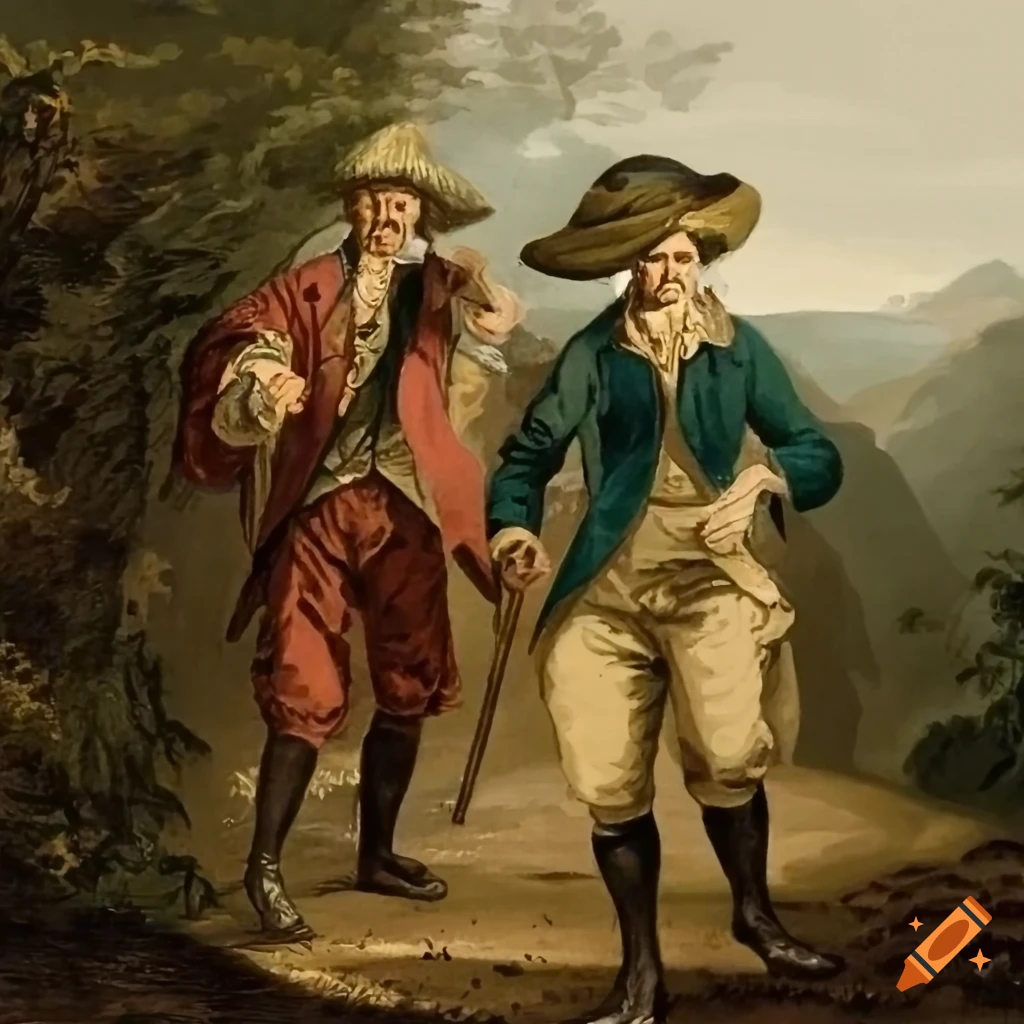 18th century oil painting of two bald men in a mountain