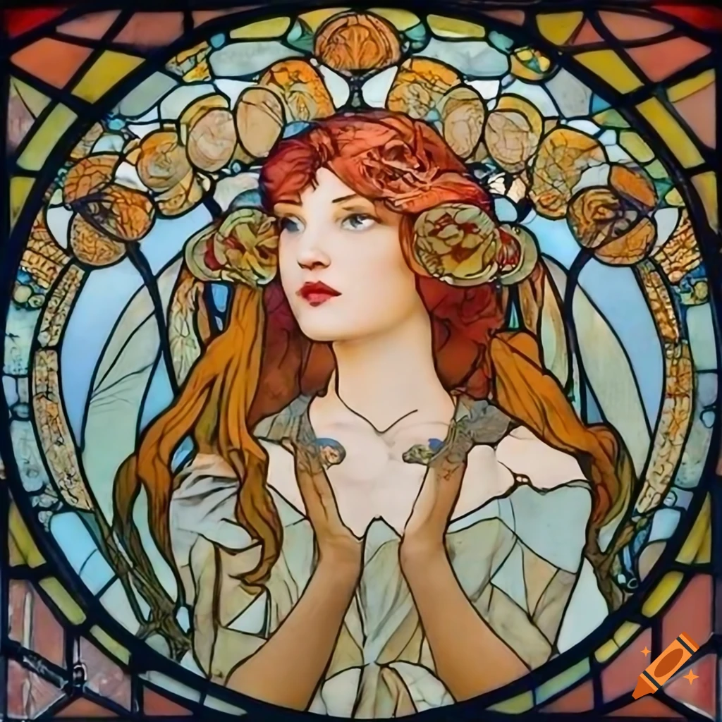 Symmetrical stained glass window with a woman and flowing hair on Craiyon