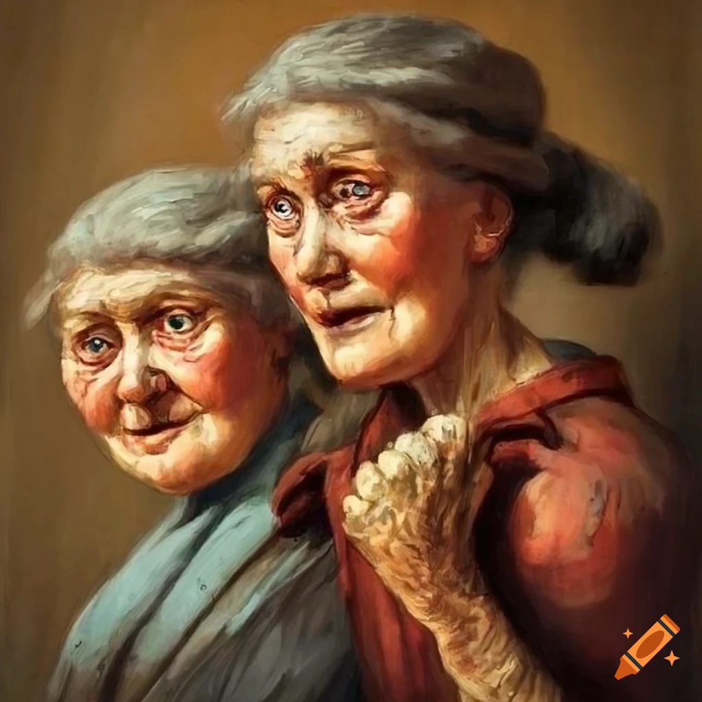 Satirical artwork of two elderly women fighting over cinnamon buns on ...