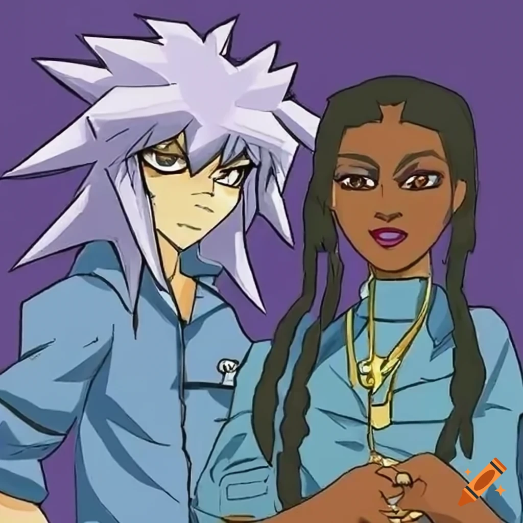 Illustration of Yami Bakura and a black woman with braided hair on Craiyon