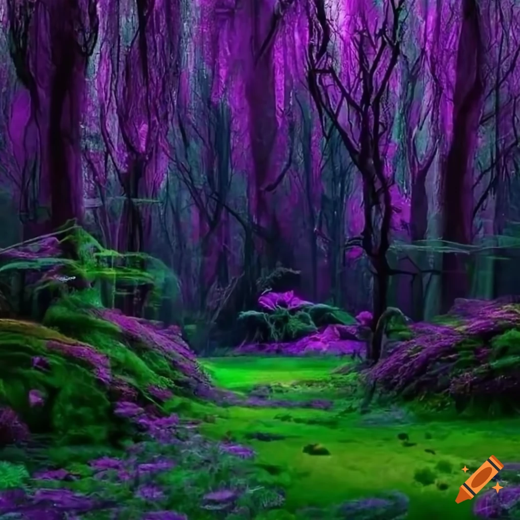Mysterious fairytale rainforest with deep mauve and green trees on Craiyon