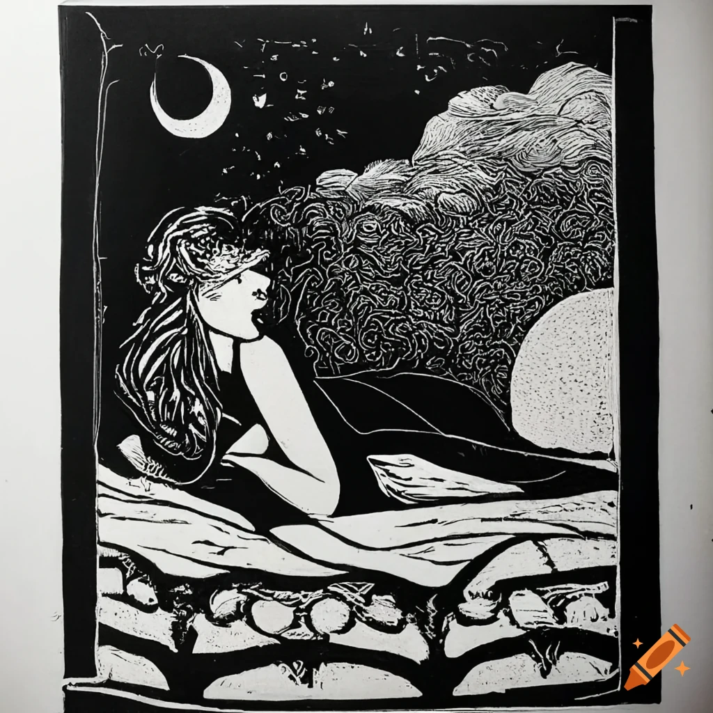 Detailed linocut artwork of a woman under the moon on Craiyon