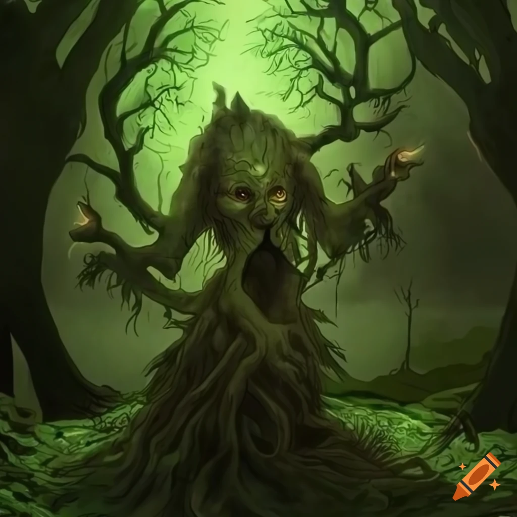 Artwork of a treefolk shaman emerging from slumber on Craiyon