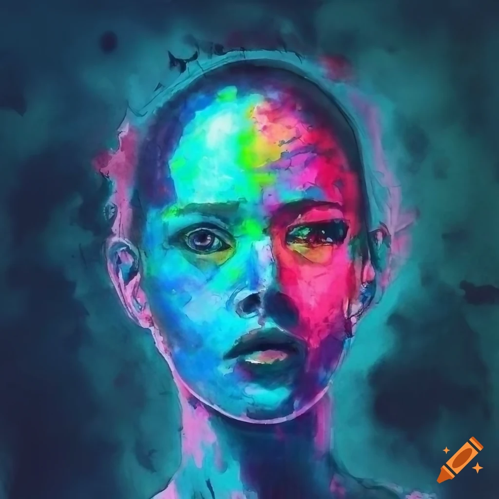 Cyberpunk artwork of a distorted face in neon colors on Craiyon