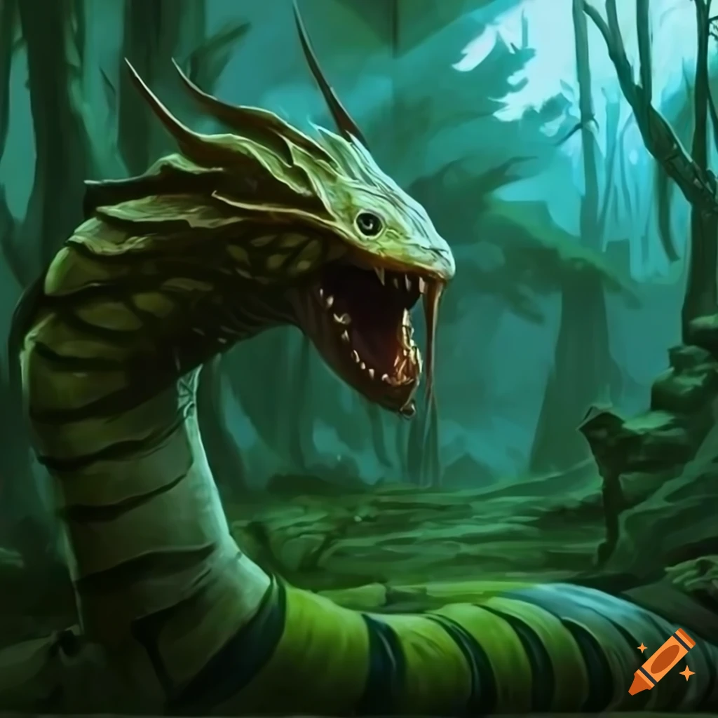 Epic fantasy forest with a giant snake-like creature on Craiyon