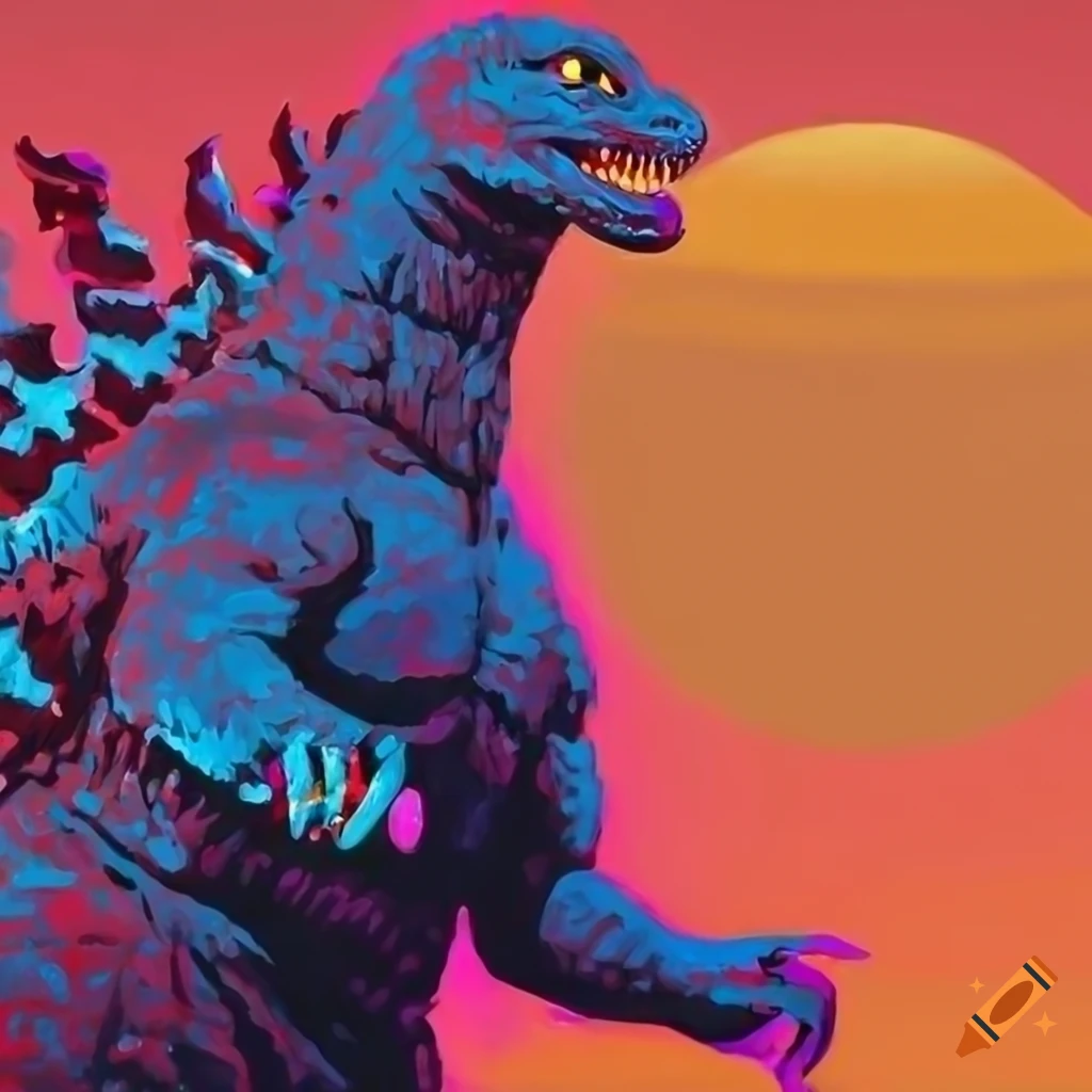Vaporwave oil painting of godzilla in a city with mount fuji in the ...