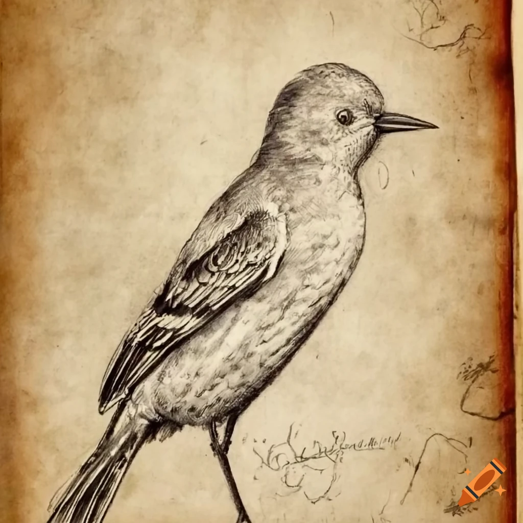 Vintage pencil sketch of a small bird on old paper on Craiyon
