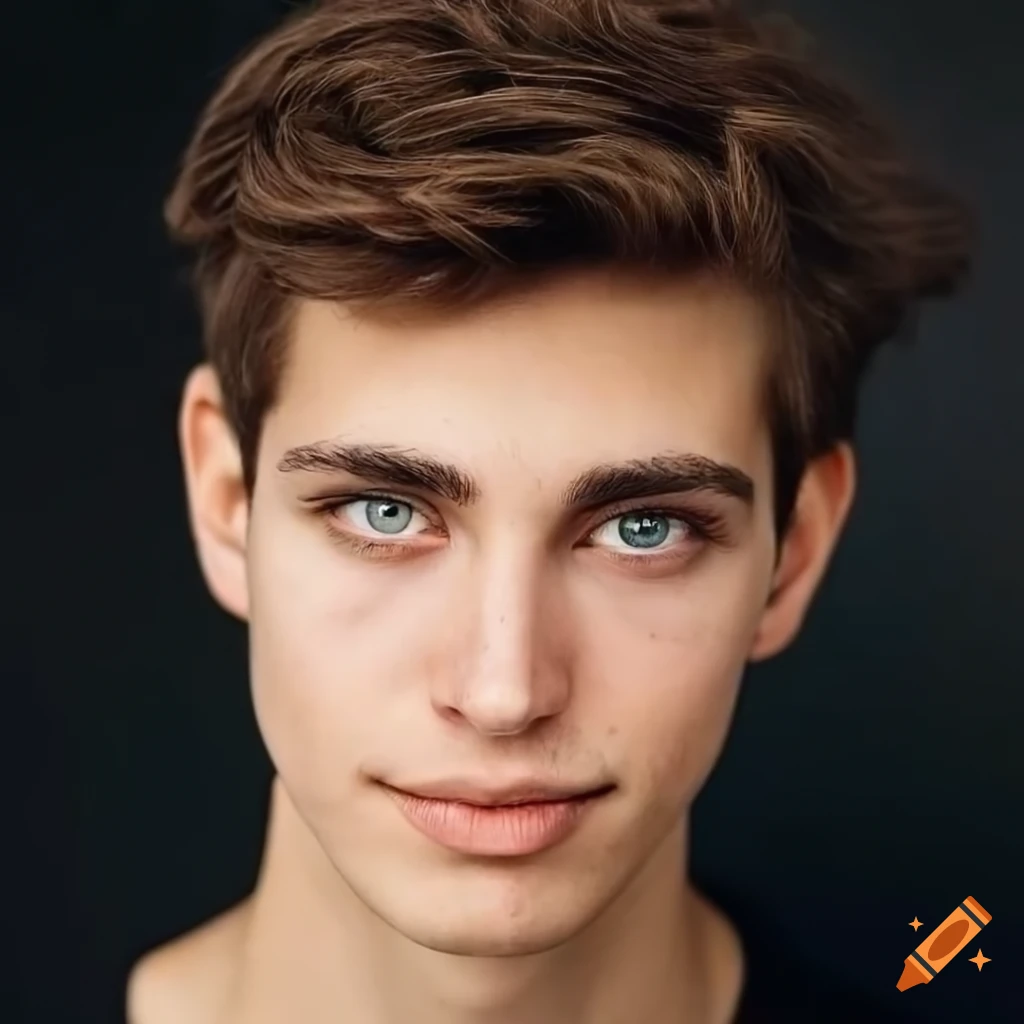 Portrait of a young man with brown hair and green eyes on Craiyon