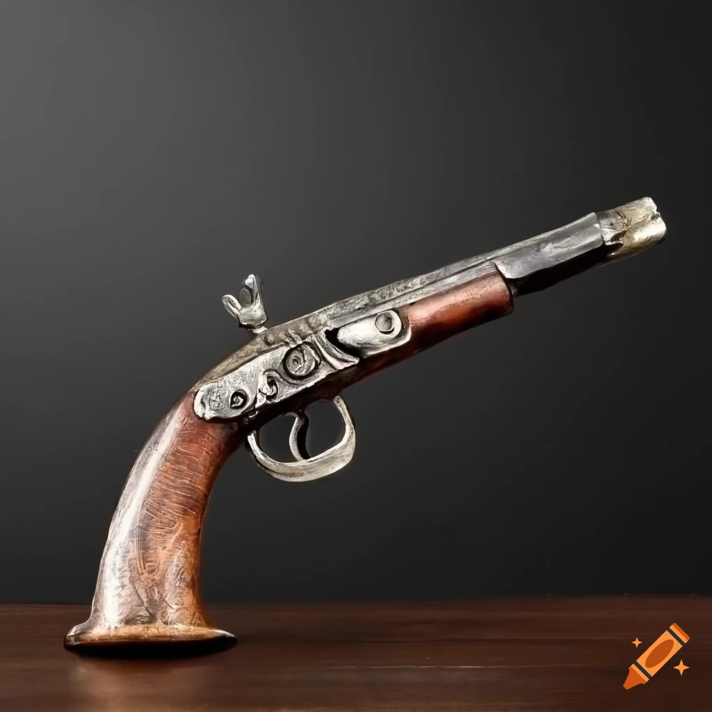 Silver decorated flintlock pistol on a wooden table on Craiyon