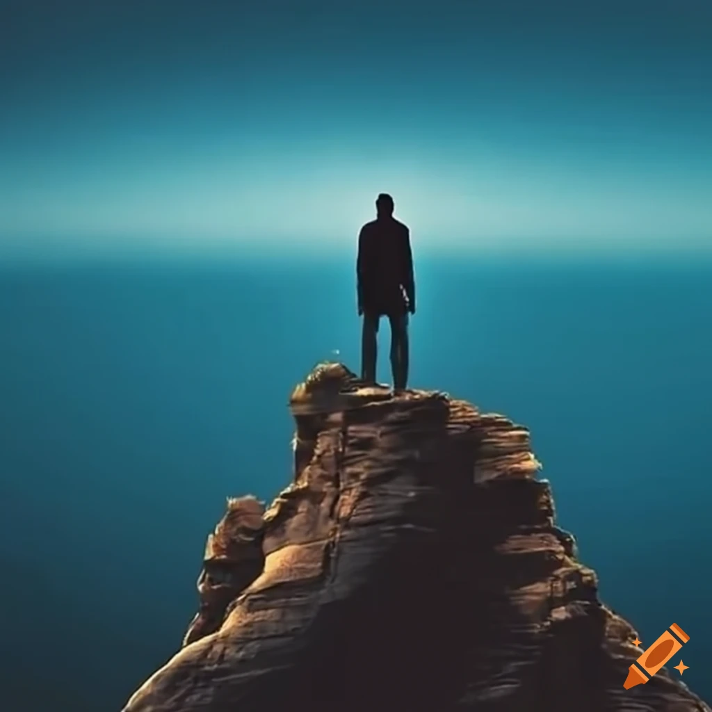 Man looking into the distance from a cliff on Craiyon