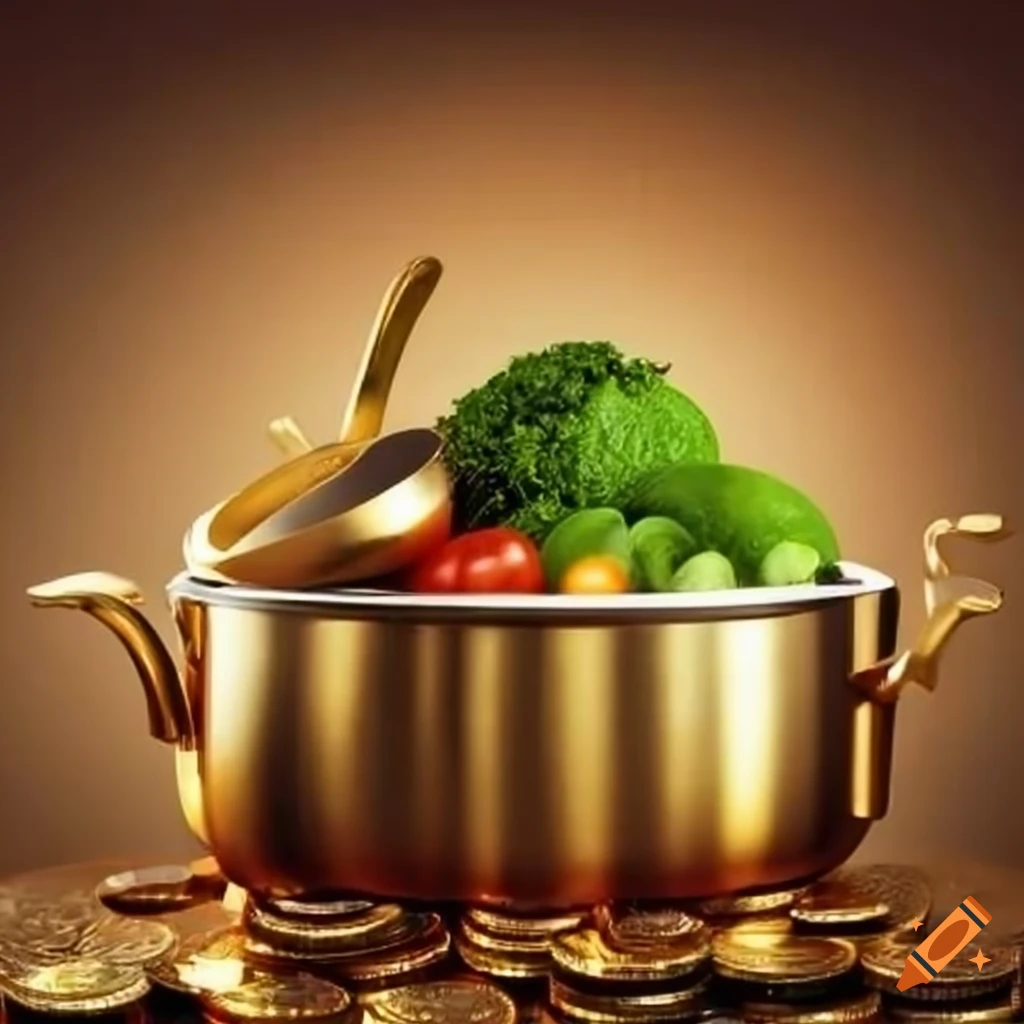 Opulent kitchen filled with gold utensils and fresh vegetables
