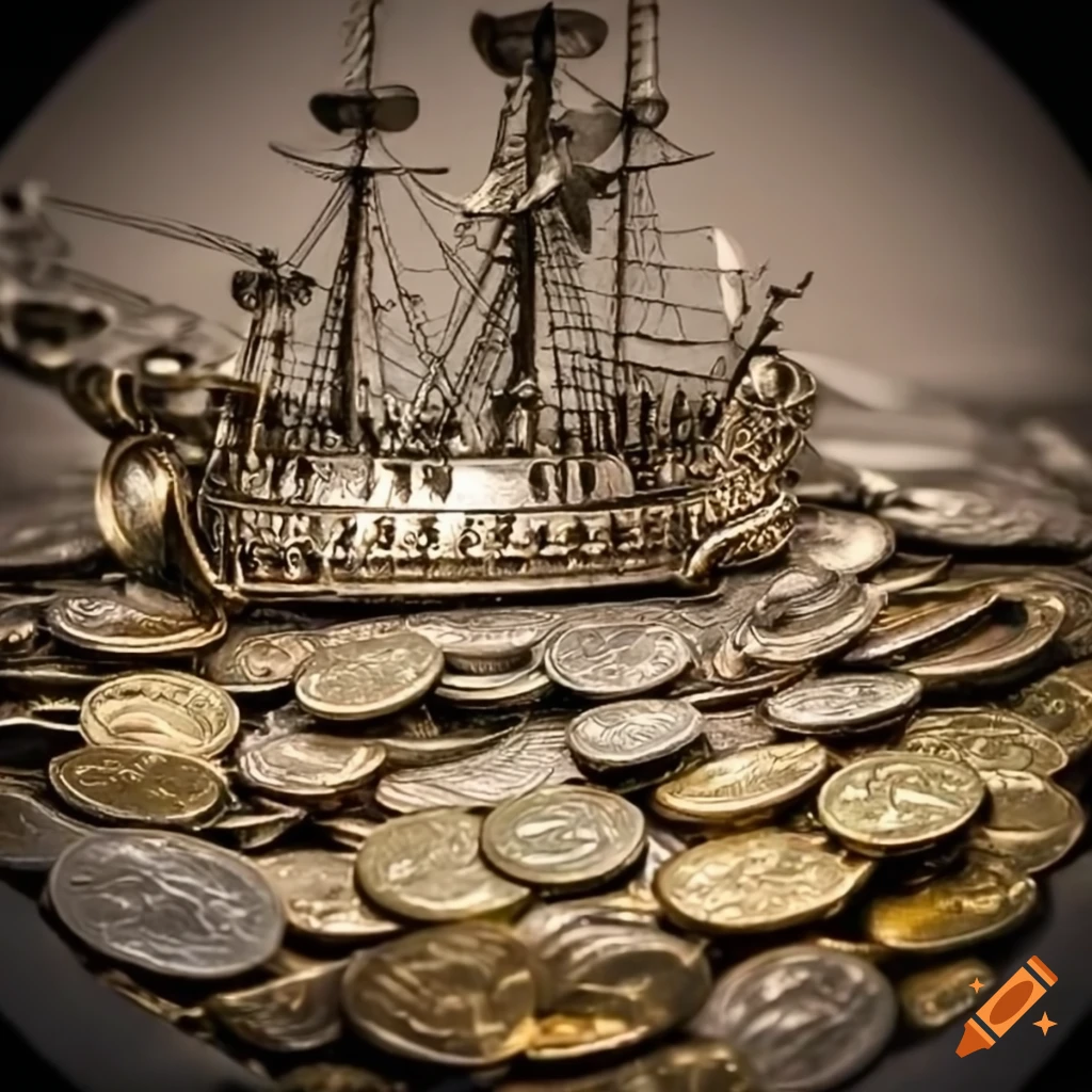 Silver pirate ship sailing on a sea of treasure coins on Craiyon