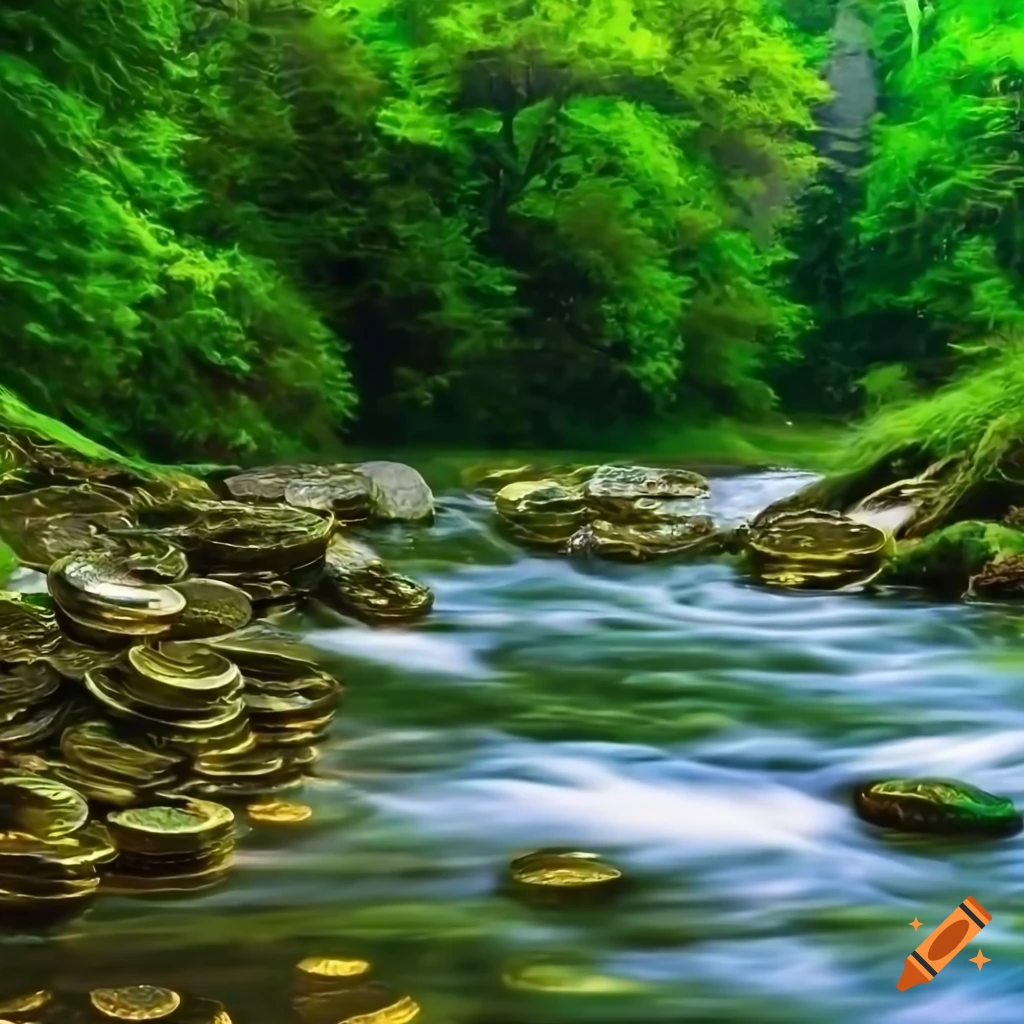 Lush green river with coins on the riverbank