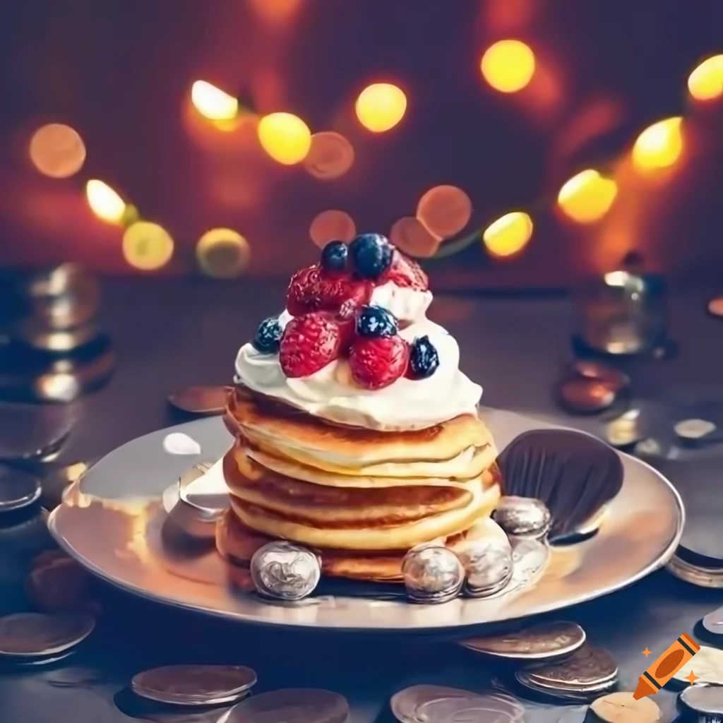 Mouthwatering pancakes with whip cream and silver coins on Craiyon