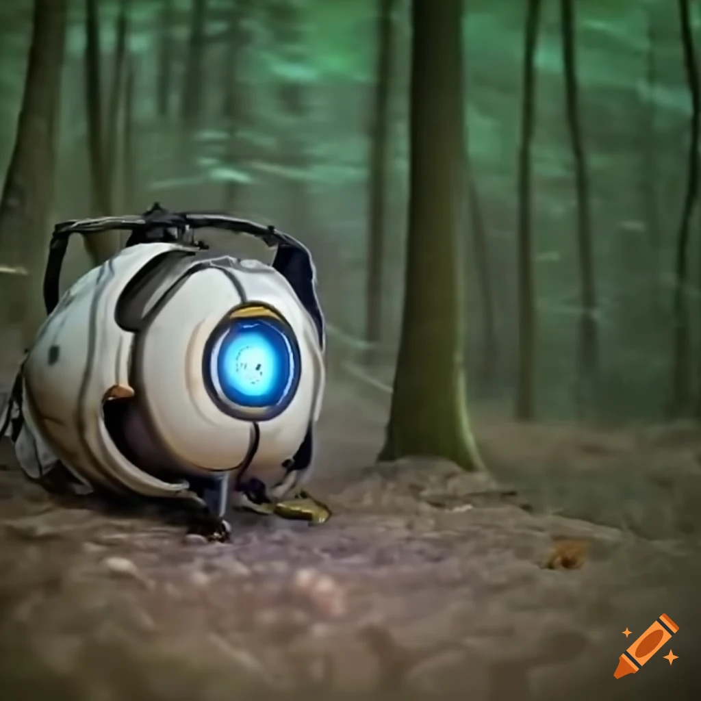 Nighttime image of Wheatley from Portal 2 in the woods on Craiyon