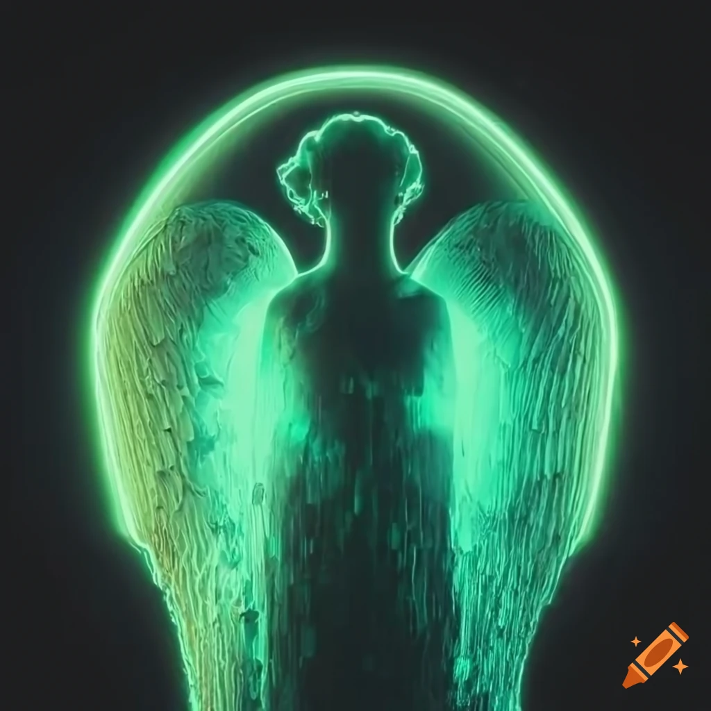 Glitch art of angel statue and neon green cryptic code on Craiyon