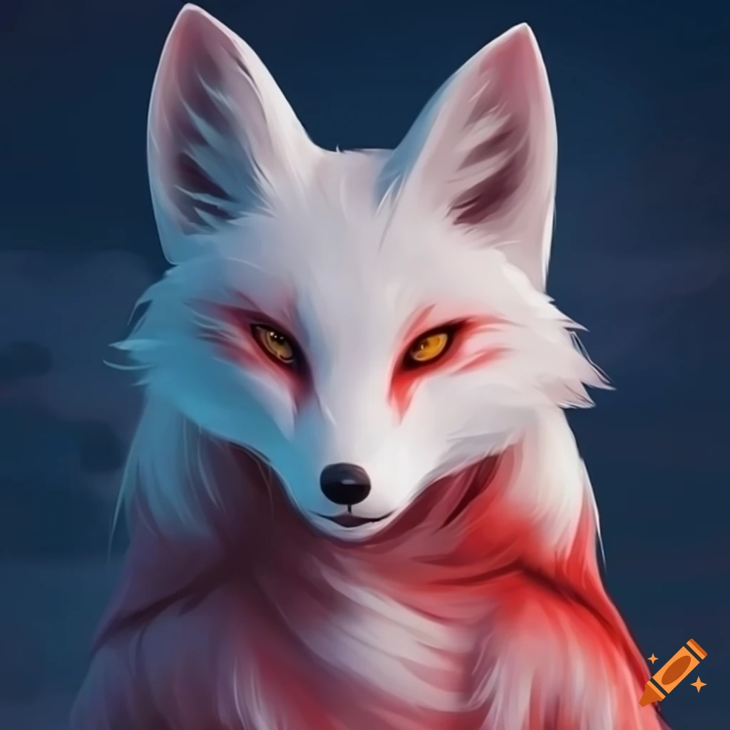 Red and white kitsune soaring through the sky on Craiyon