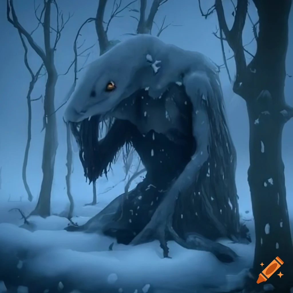 Detailed depiction of a creature in a snowy landscape on Craiyon