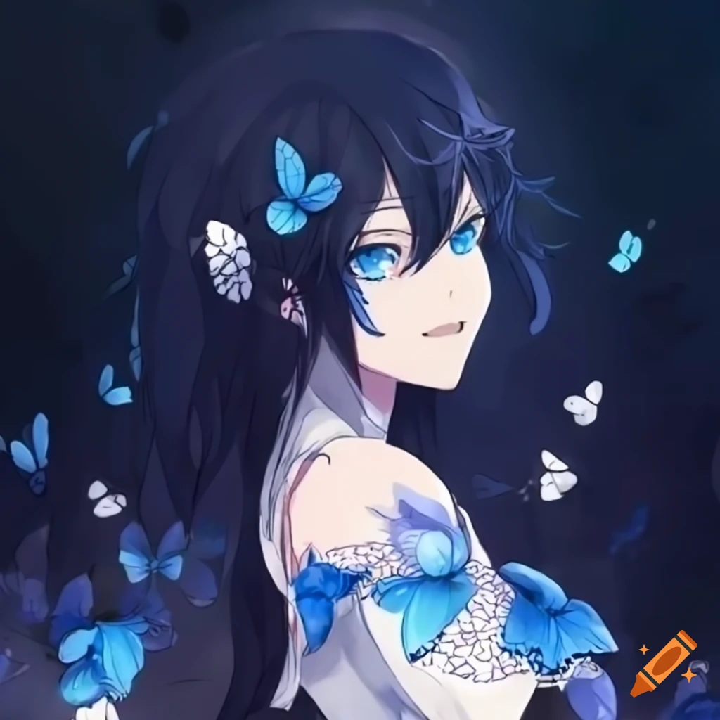 Anime character with long black hair and blue eyes on Craiyon