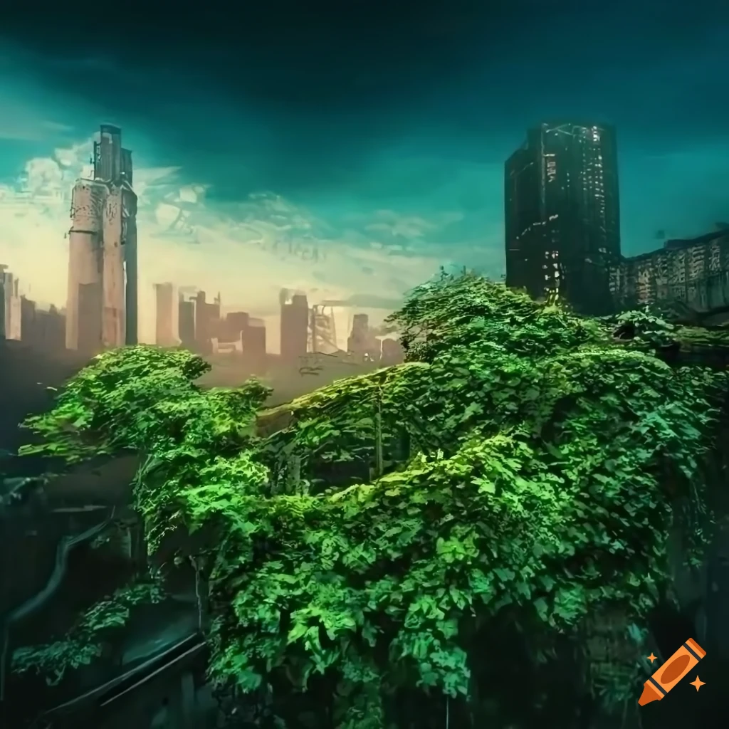 Concept art of a city in ruins reclaimed by nature on Craiyon