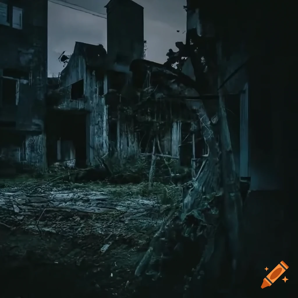 Abandoned city overgrown with vines and broken buildings on Craiyon