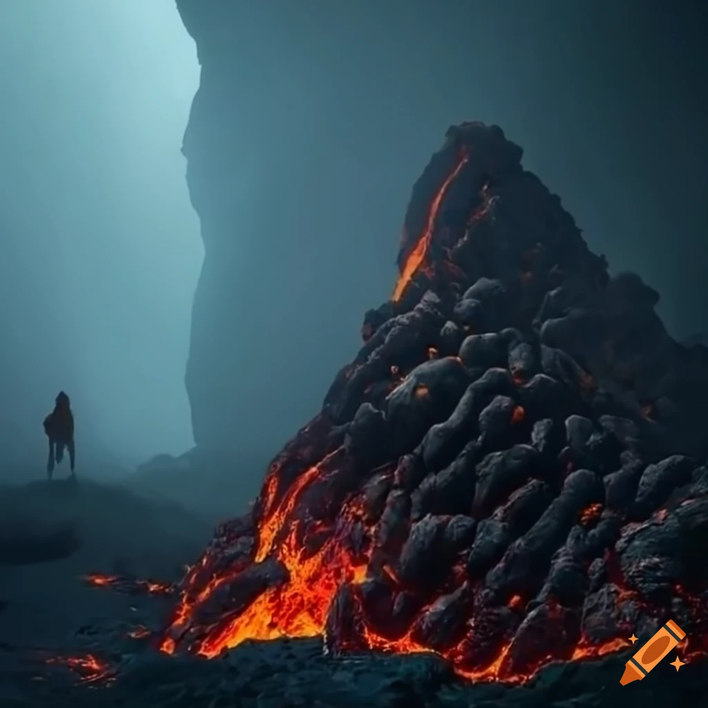 Surreal illustration of a lost man surrounded by lava and demons on Craiyon