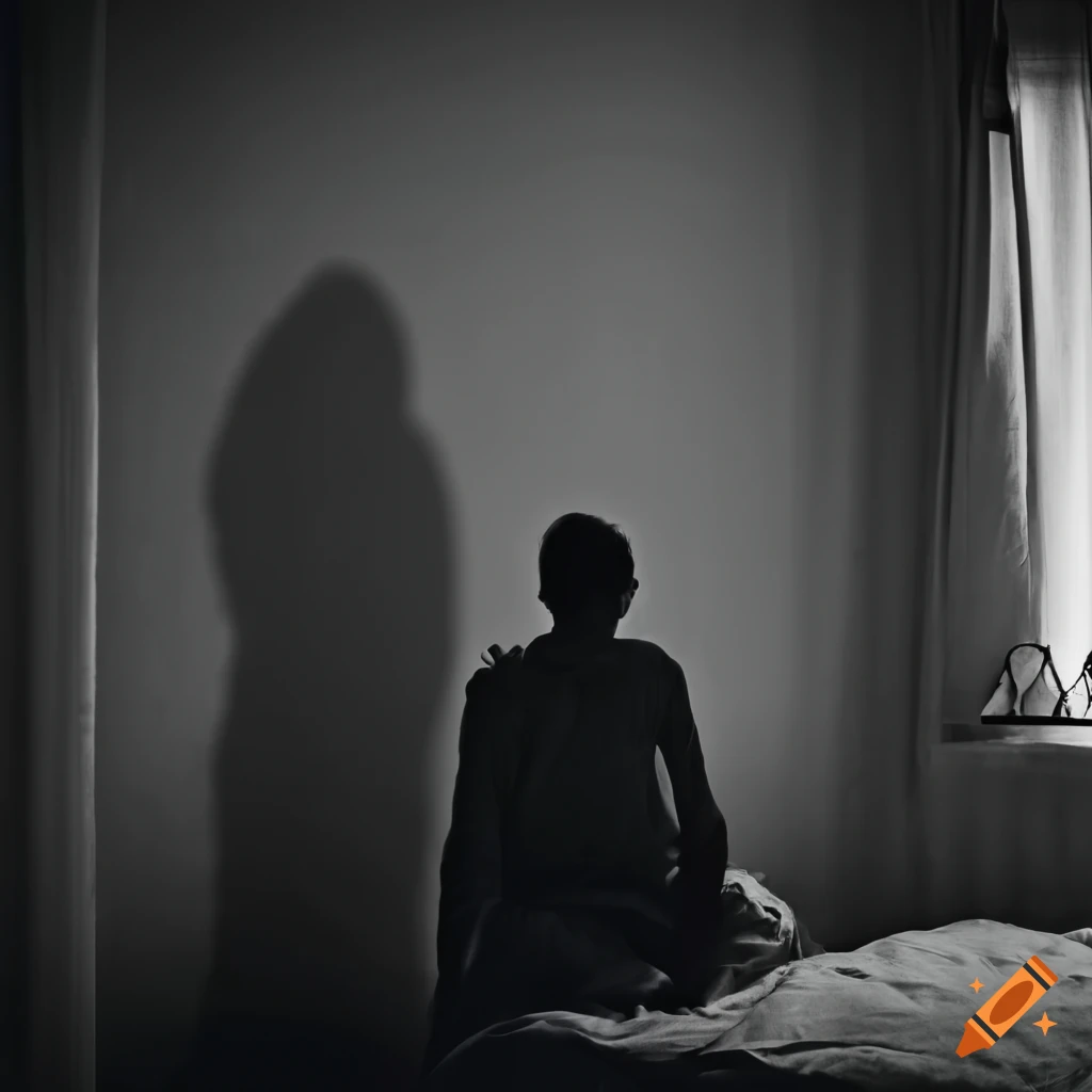 Photo of a young man contemplating in a dimly lit bedroom on Craiyon