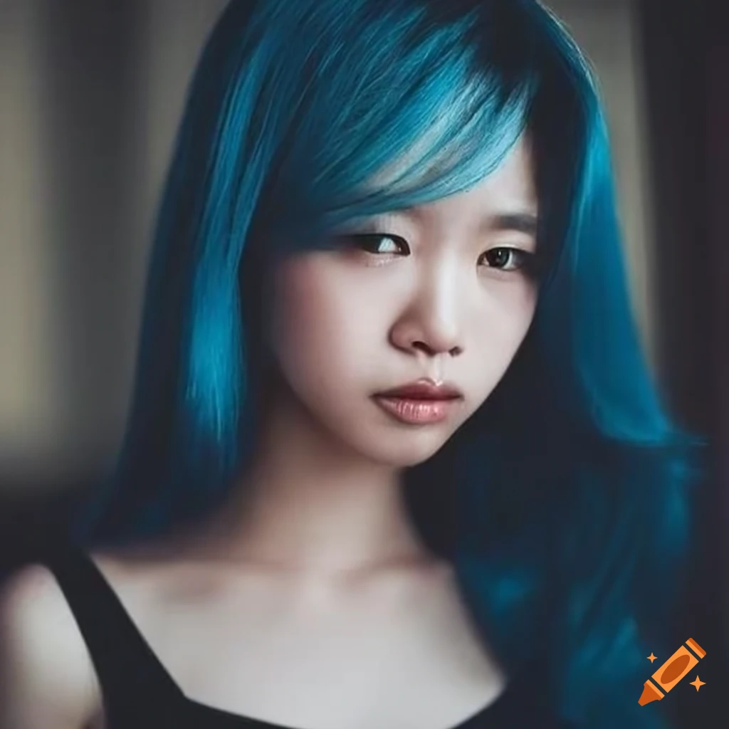 Portrait of an Asian girl with blue hair and black dress on Craiyon