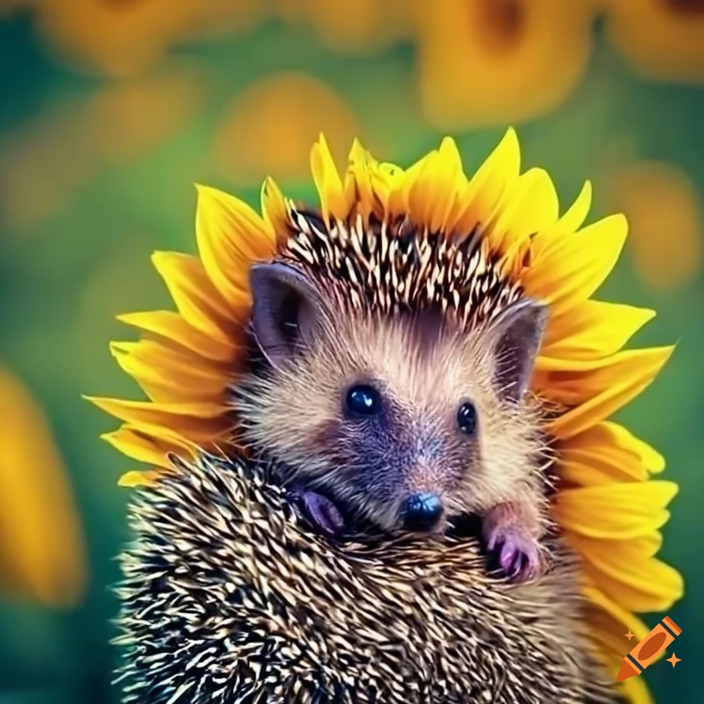 Hedgehog in a field of blooming sunflowers on Craiyon