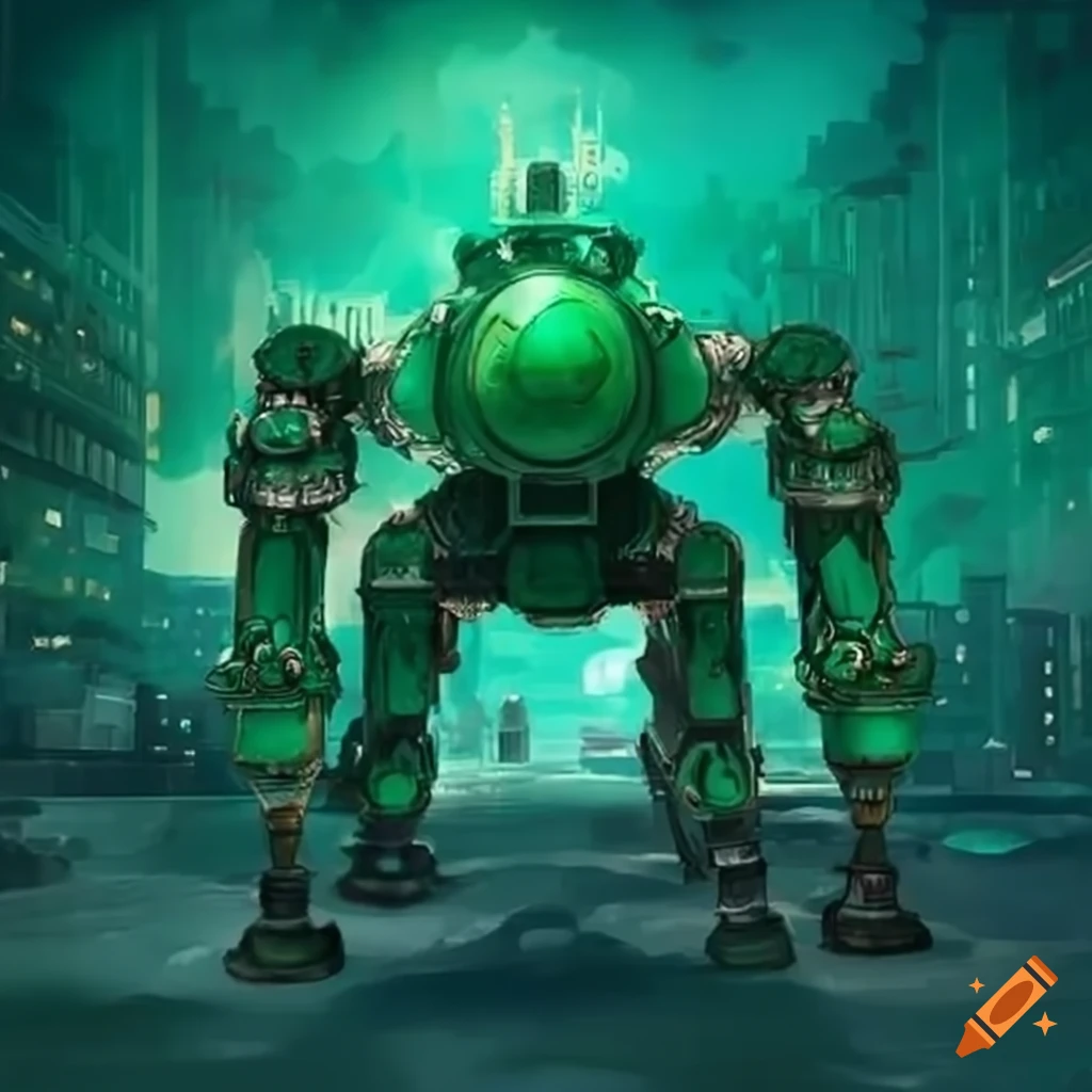 Anime-style depiction of a small metal mech with a jade green backdrop ...