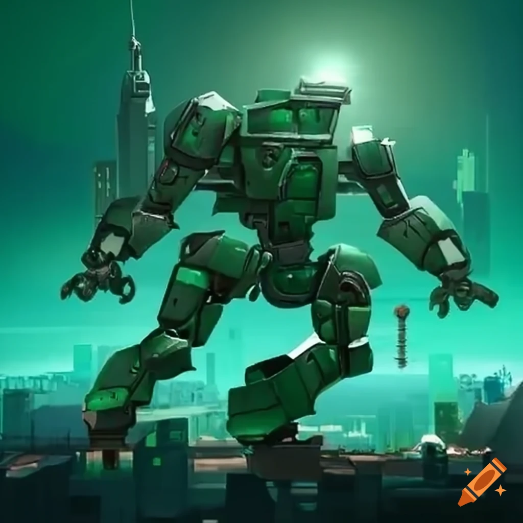 Anime style small metal mech with jade green hints in a city backdrop ...