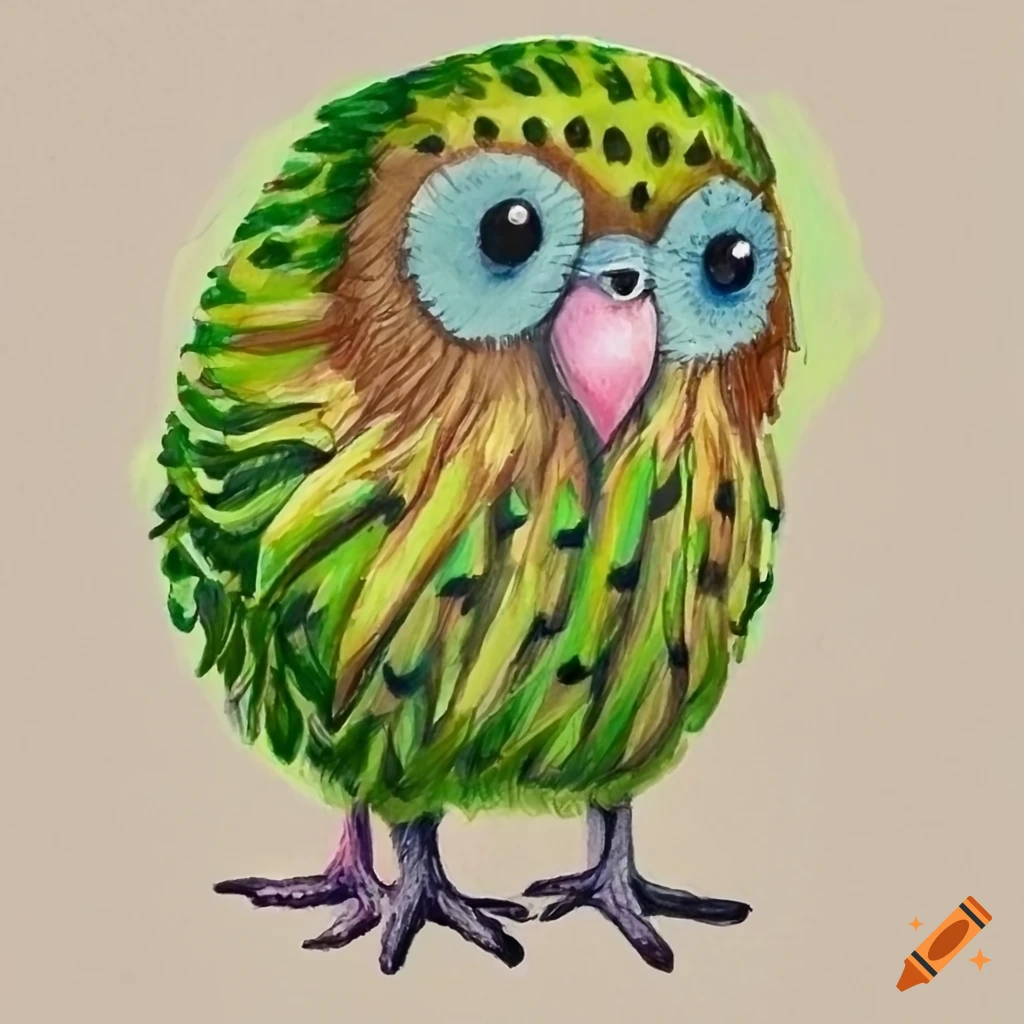 Colored pencil sketch of a cute Kakapo bird in a forest on Craiyon