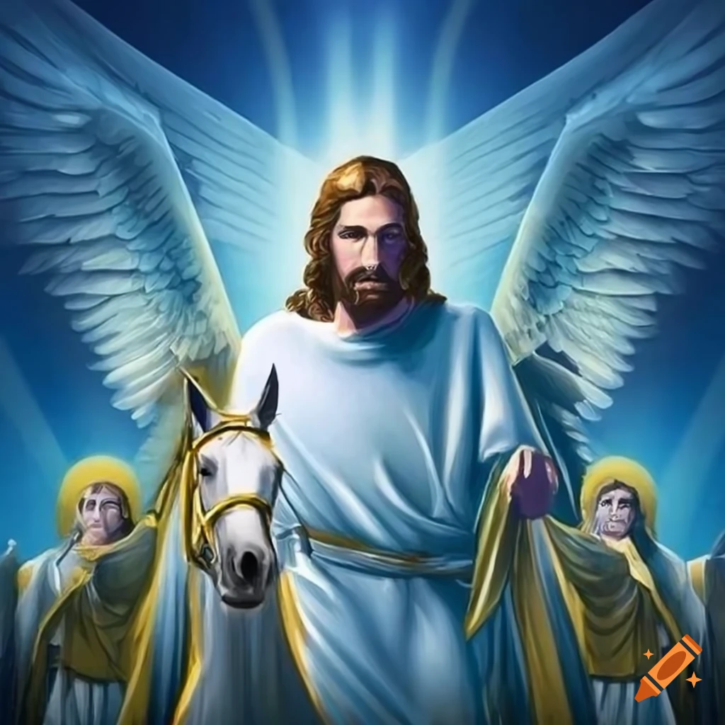 Depiction of jesus riding a white horse with his angelic army on Craiyon