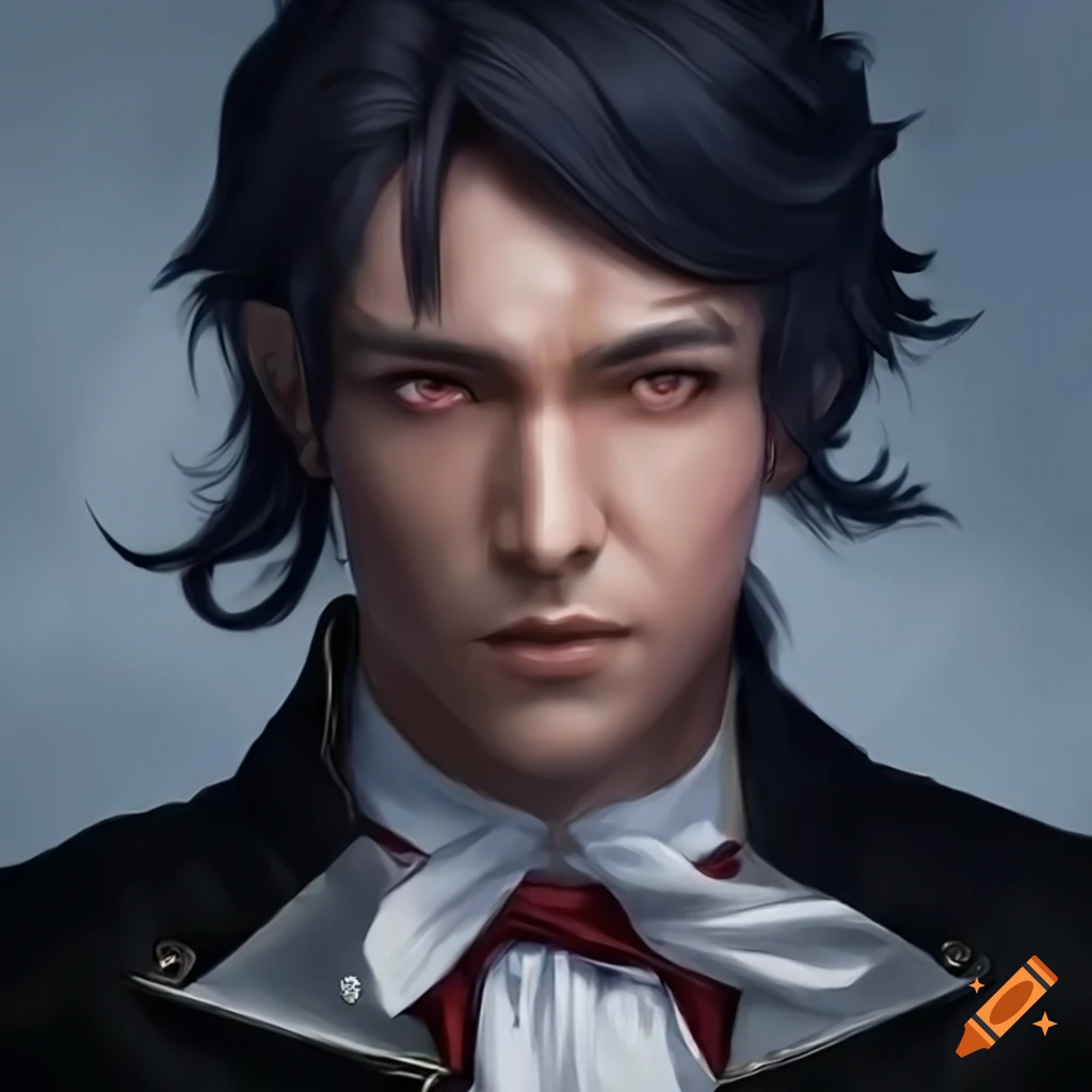 Hyper realistic portrait of a flamboyant dark-haired butler from fire ...