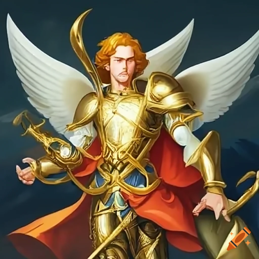 Archangel Michael in golden armor with sword and shield on Craiyon