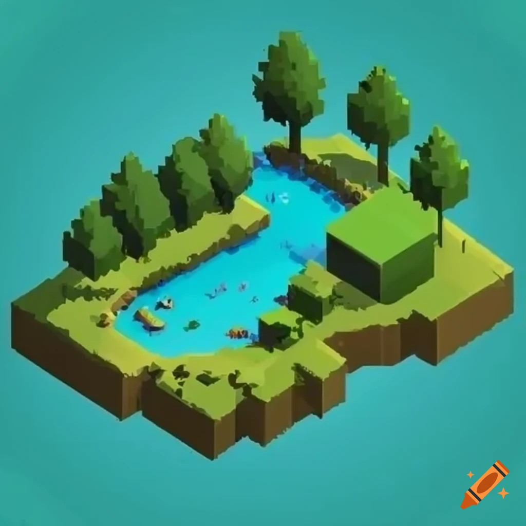 Isometric pixel art of a lush forest on an island