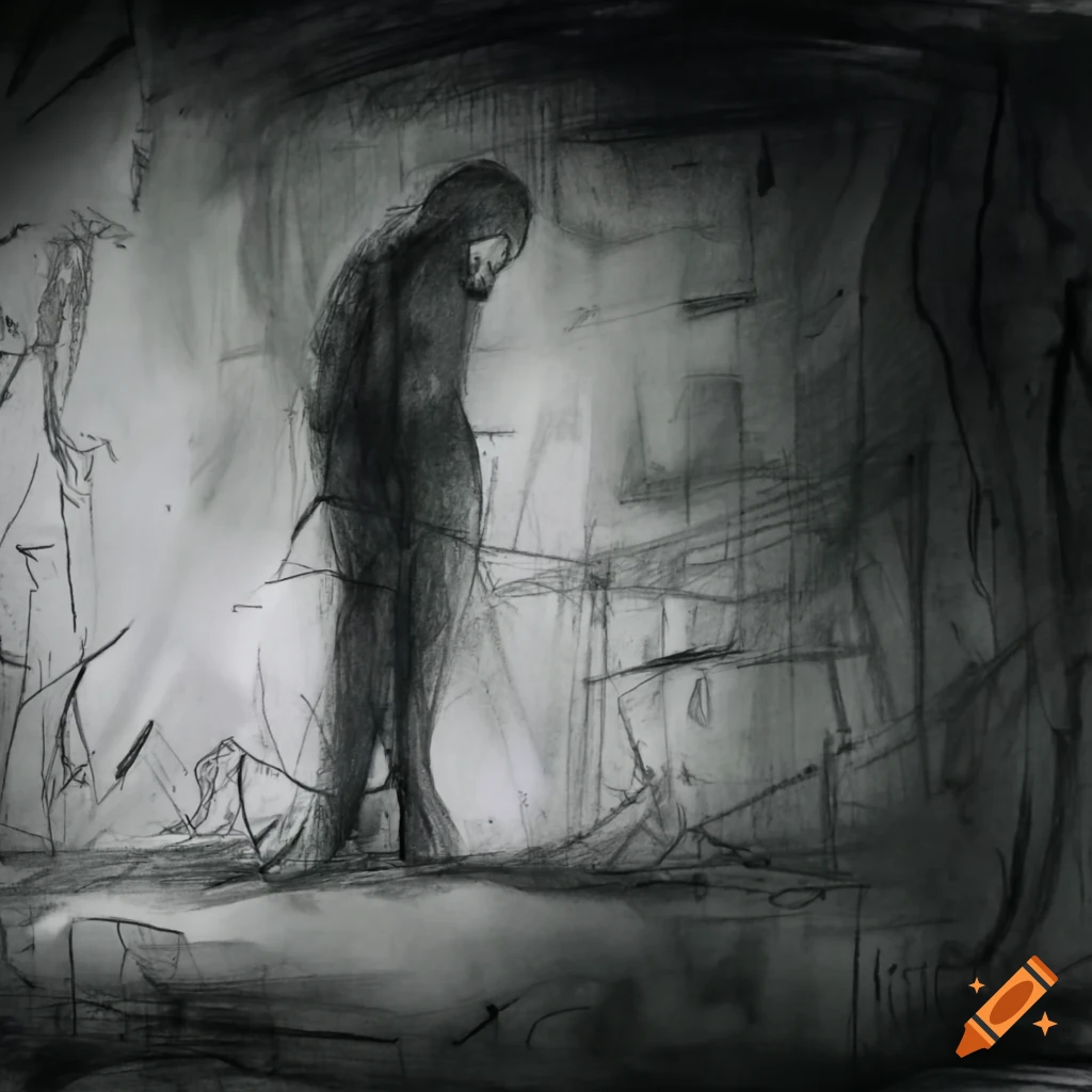 Pencil sketch of a man alone in a decaying room on Craiyon