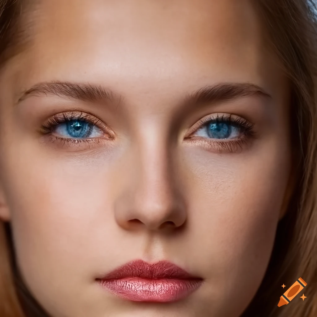 Close-up of a young woman's symmetrical face on Craiyon