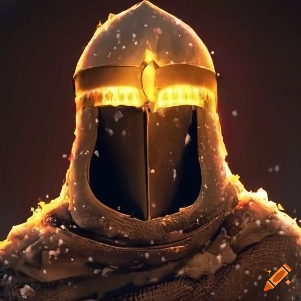 Glowing knight's helmet in the snow on Craiyon