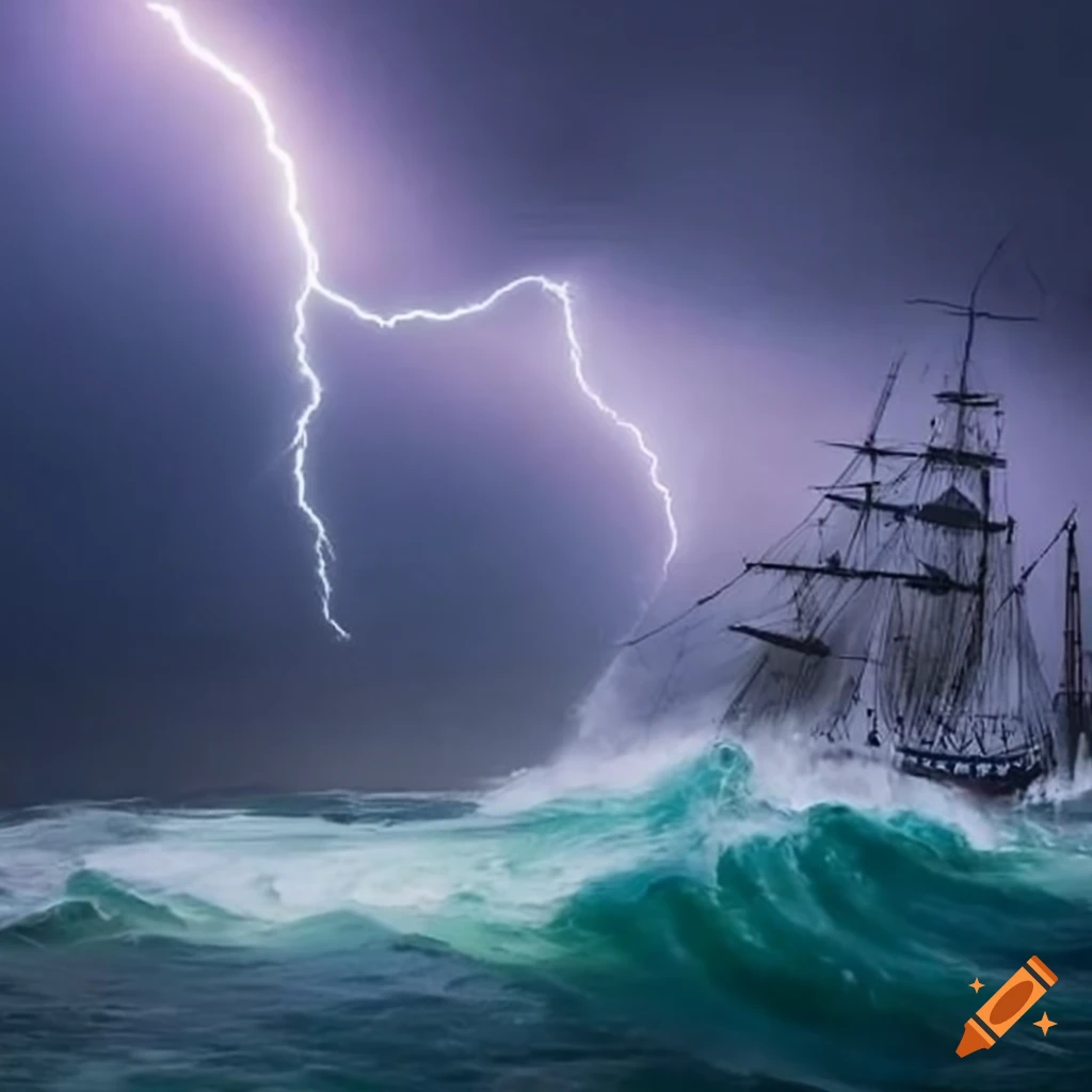 Lightning Storm At Sea Ship
